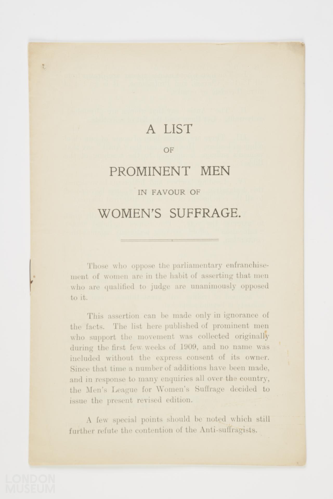 A List of Prominent Men in Favour of Women's Suffrage | London Museum