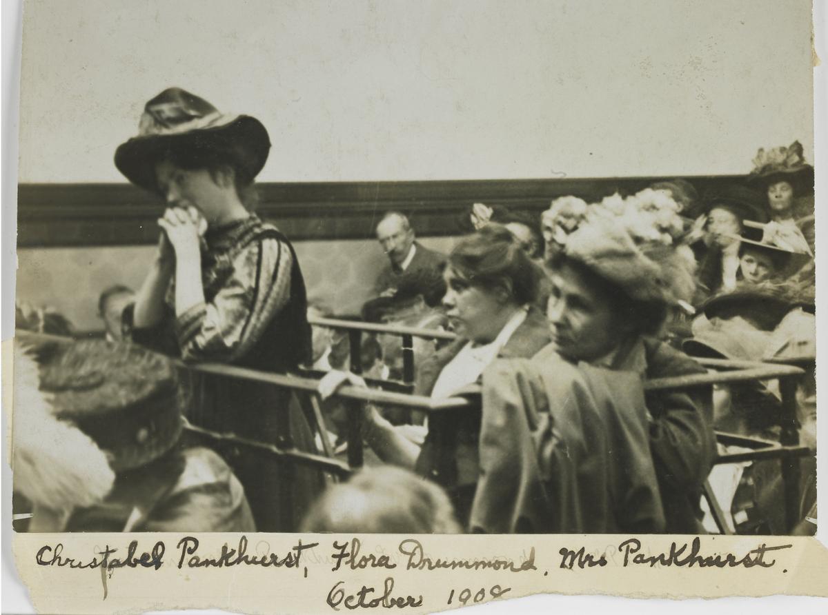 Christabel Pankhurst, Flora Drummond and Emmeline Pankhurst in Court, 1908 | London Museum