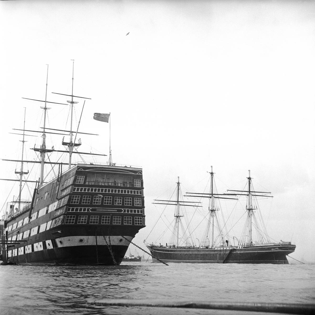 The training ship H.M.S. Worcester, alongside the Cutty Sark | London ...