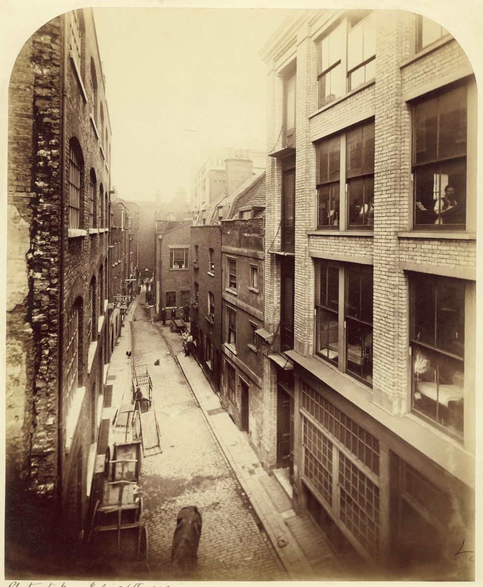 An elevated view along Bishop's Court towards Newgate Prison | London ...