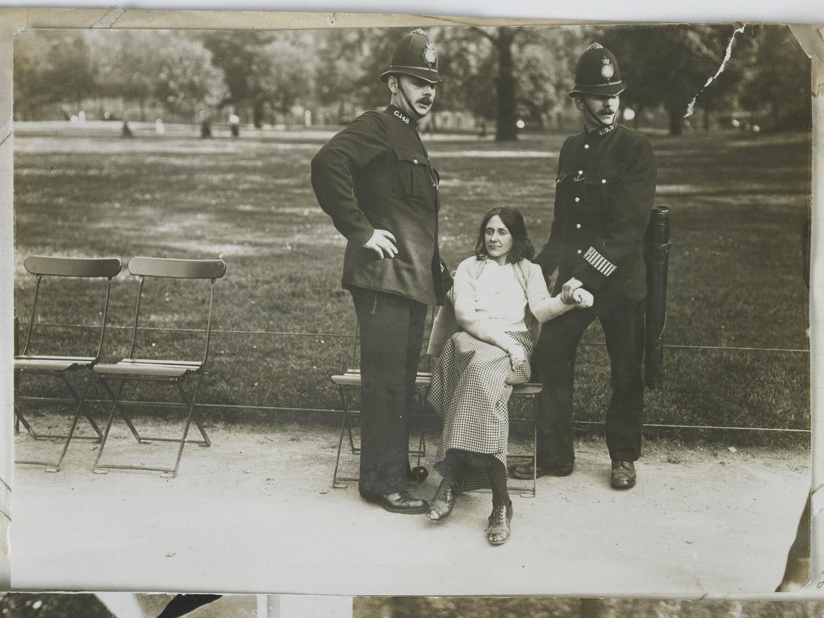 Suffragette involved in the riot at Constitution Hill 21 May 1914 being ...