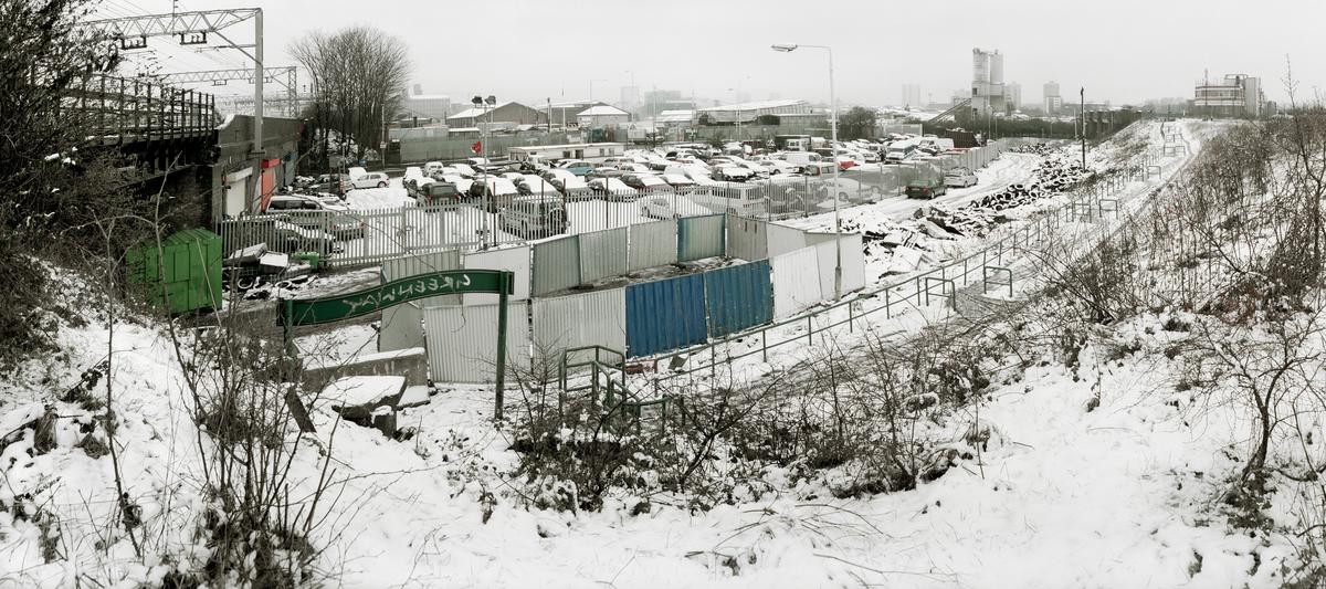 View looking north-west from the railway bank by the Greenway across the Marshgate Lane car ...