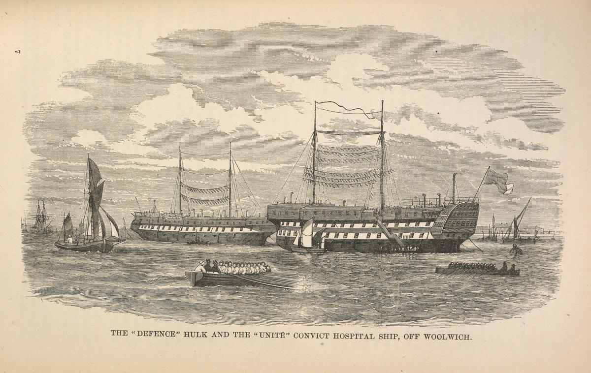 The 'Defence' hulk and the 'Unite' convict hospital ship, off Woolwich ...