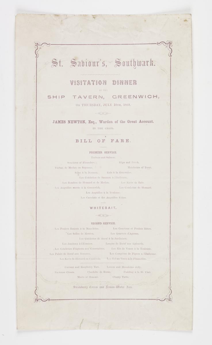 Dinner menu, Whitebait Dinner Menu | London Museum