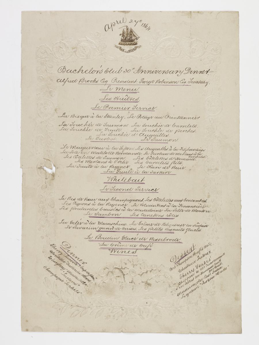 Dinner menu, Whitebait Dinner Menu | London Museum