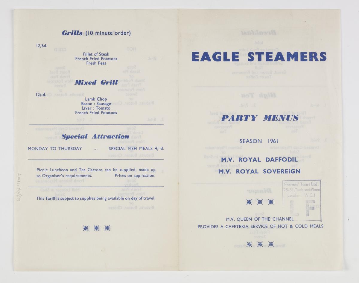 Eagle Steamers Party menus | London Museum