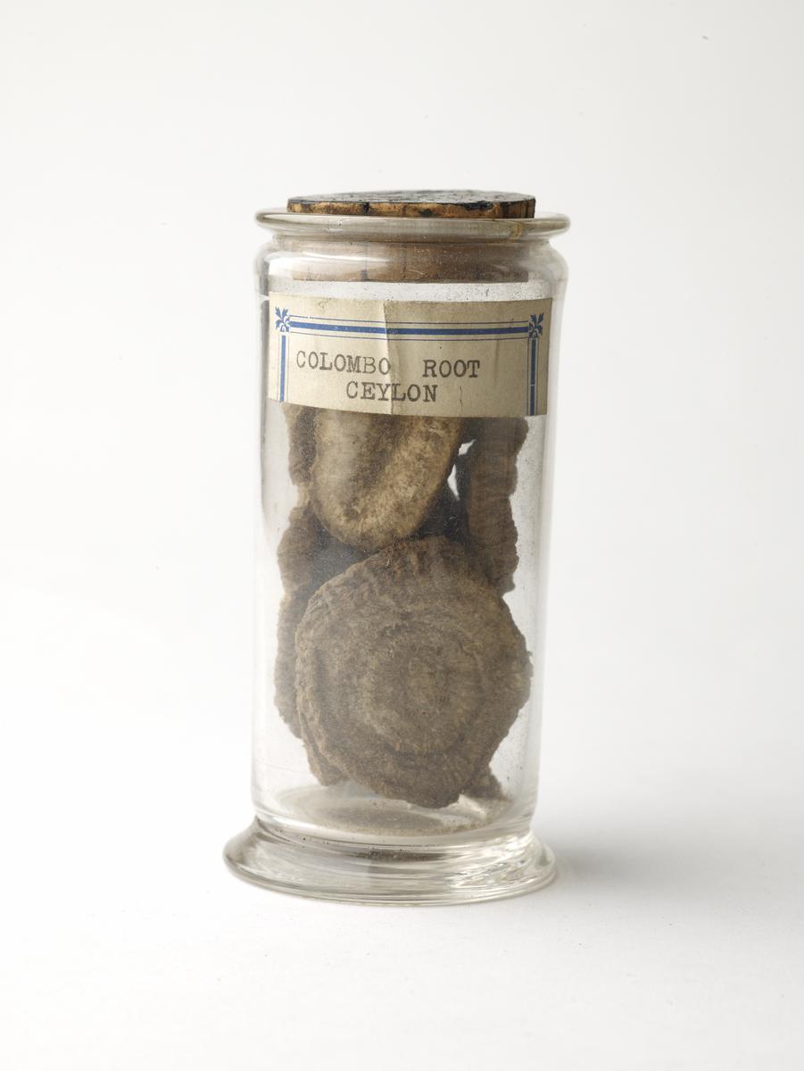 Sample, sample of colombo root contained in a in glass jar | London Museum