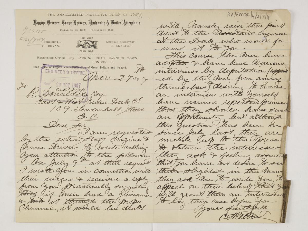Letter to the Engineer at the EWIDC from the Amalgamated Union of ...