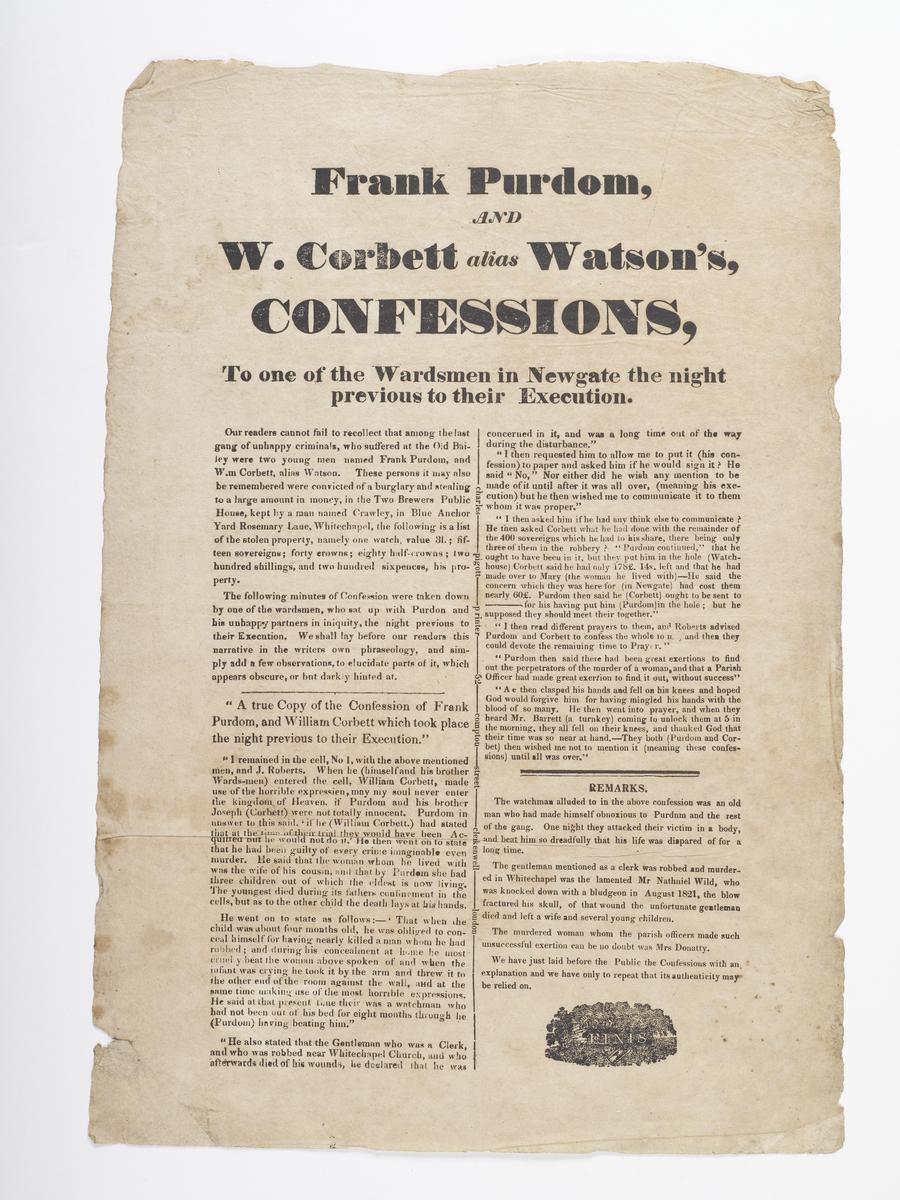 Frank Purdom and W.Corbett alias Watson's confessions, to one of the wardsmen in Newgate the ...