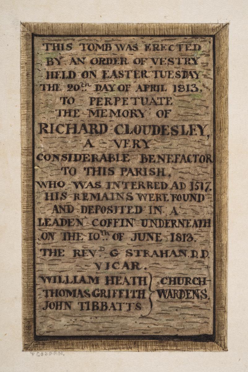 Richard Cloudesley tomb inscription | London Museum