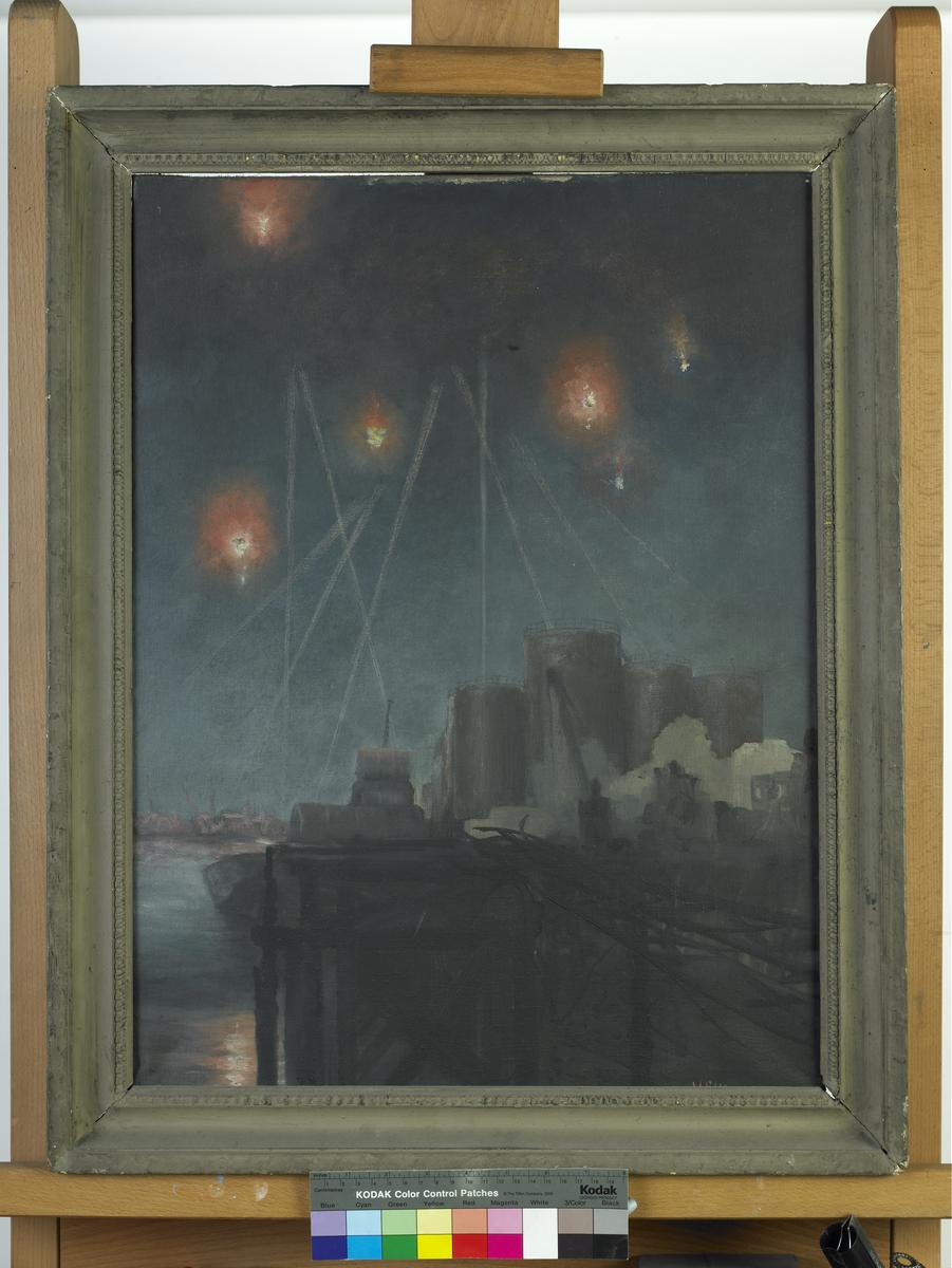 Night air raid with Anti aircraft Shells exploding over Oil Tanks ...