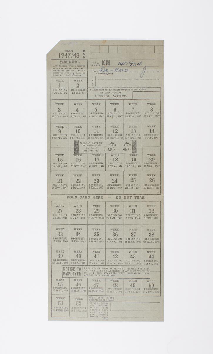 National Health and Pension Insurance Contribution Card | London Museum