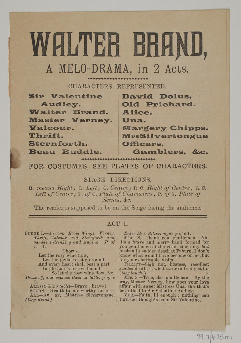 Walter Brand a melo-drama in 2 acts | London Museum