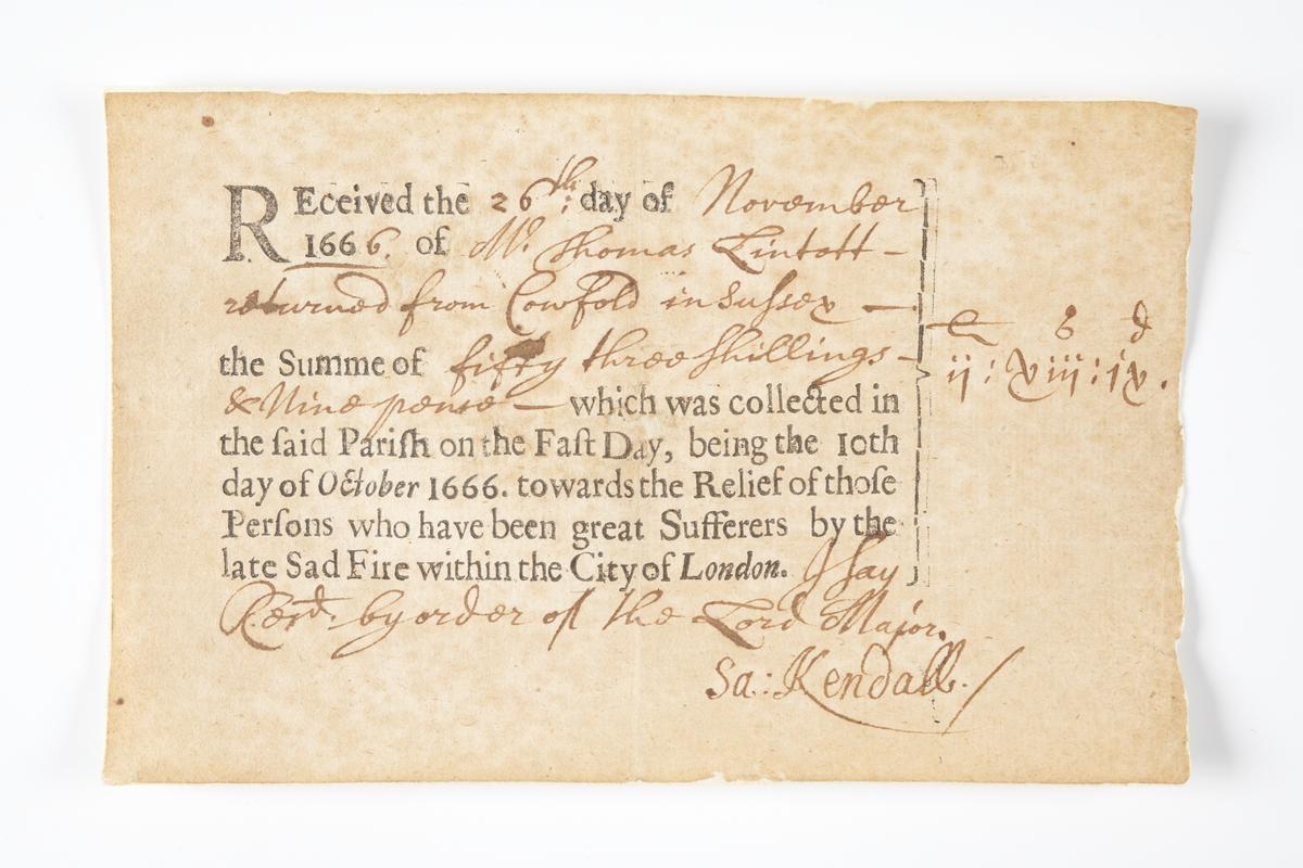 Great Fire receipt from Cowfold | London Museum